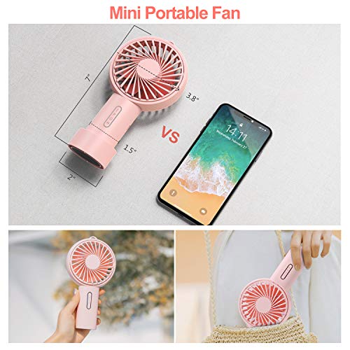 IPOW Mini Handheld Fan Personal Portable Fan 3 Speed Adjustable Angle Removable Base Lanyard USB Recharging Battery Operated Small Desk Cooling Face Fan for Home Camping Disney Travel Peach Pink