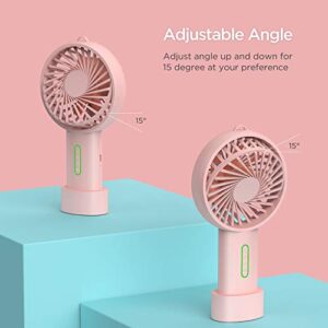 IPOW Mini Handheld Fan Personal Portable Fan 3 Speed Adjustable Angle Removable Base Lanyard USB Recharging Battery Operated Small Desk Cooling Face Fan for Home Camping Disney Travel Peach Pink