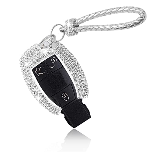 PGONE Car Key Case Key Shell Fob Key Cover Key Chain Lady Ring with Bling Rhinestones crystals For Mercedes-Benz C E S M CLS CLK GLK GL Class 2/3-button Keyless Entry Remote Control Smart Key (White)