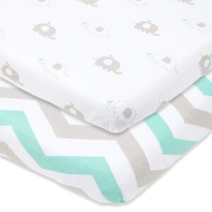 cradle sheets fitted 18 x 36 – fits most bedside sleeper bassinets without bunching mattress pad – snuggly soft jersey cotton – grey, mint, chevron, elephants – 2 pack