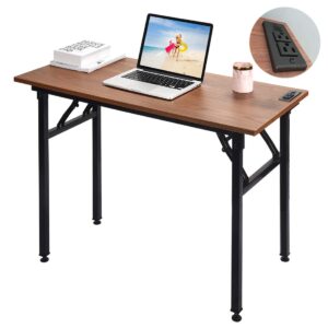 frylr small folding computer desk 31.5''lx 15.7''x 29'' with 2 power sockets and 2.1a usb charging ports, home office desk portable writing desks for small space, foldable desk, walnut