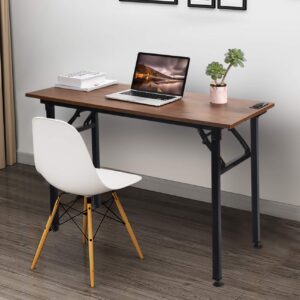 Frylr Small Folding Computer Desk 31.5''LX 15.7''X 29'' with 2 Power Sockets and 2.1A USB Charging Ports, Home Office Desk Portable Writing Desks for Small Space, Foldable Desk, Walnut