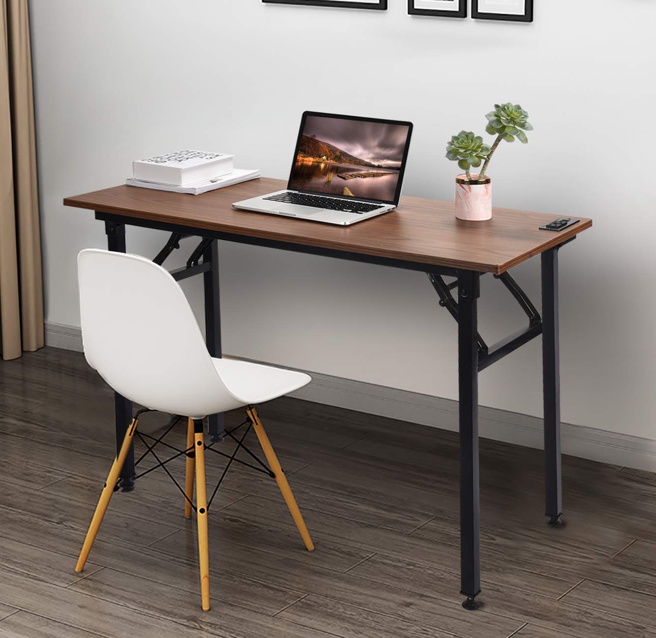 Frylr Small Folding Computer Desk 31.5''LX 15.7''X 29'' with 2 Power Sockets and 2.1A USB Charging Ports, Home Office Desk Portable Writing Desks for Small Space, Foldable Desk, Walnut