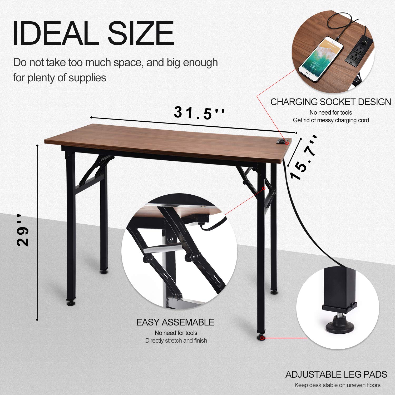 Frylr Small Folding Computer Desk 31.5''LX 15.7''X 29'' with 2 Power Sockets and 2.1A USB Charging Ports, Home Office Desk Portable Writing Desks for Small Space, Foldable Desk, Walnut