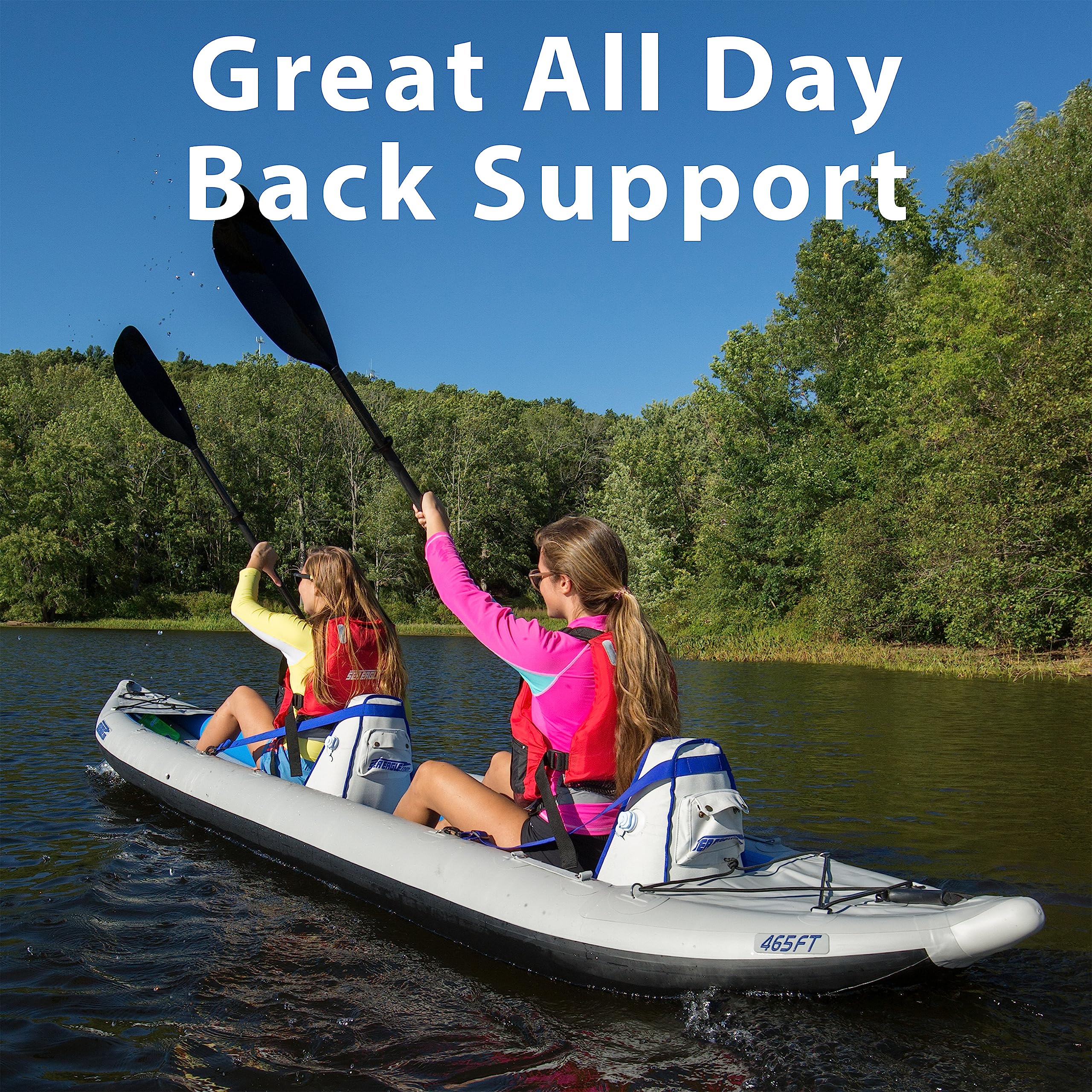 Sea Eagle 2 Pack Deluxe Inflatable Kayak Seats - Extra Back Support for Kayaking, Paddling, Rowing or Fishing. Rear Pocket (Set of 2 White and Blue Inflatable Seat)