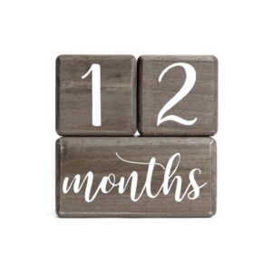 lovelysprouts premium solid wood baby milestone age blocks + gift box | gray stained natural pine | weeks months years grade newborn photo props | pregnancy gift and keepsake, month photos