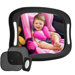 fitnate led baby car mirror, safety infant in backseat 360°adjustable light up mirror for baby rear with best newborn secure 4 sturdy strips,remote control and 2 car sun visors