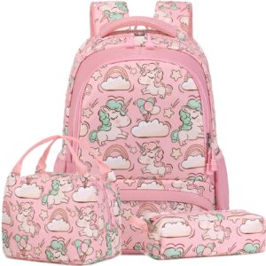 meisohua school backpacks set girls unicorn backpack with lunch bag and pencil case kids 3 in 1 bookbags set school bag for elementary preschool water resistant (pink)