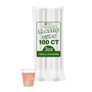 party bargains clear plastic cups, 3 oz, 100 pack disposable drinking glasses, juice, iced coffee, cold drinks, soda, water cups