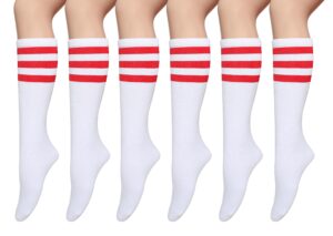 pareberry casual cotton solid & triple stripe colors knee high tube socks-3 pairs (a08-red/white)