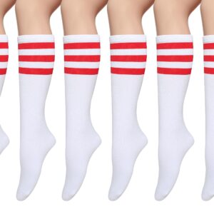 Pareberry Casual Cotton Solid & Triple Stripe Colors Knee High Tube Socks-3 Pairs (A08-Red/White)