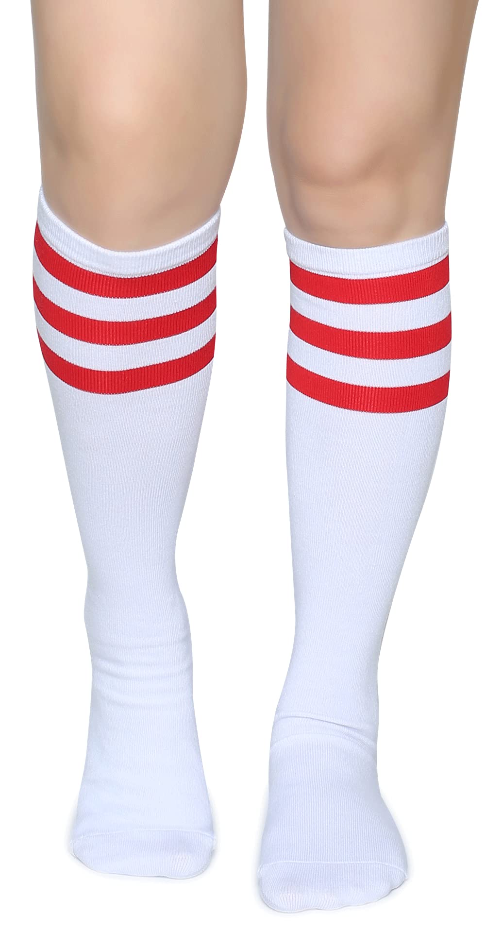 Pareberry Casual Cotton Solid & Triple Stripe Colors Knee High Tube Socks-3 Pairs (A08-Red/White)