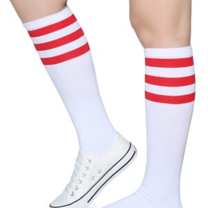 Pareberry Casual Cotton Solid & Triple Stripe Colors Knee High Tube Socks-3 Pairs (A08-Red/White)