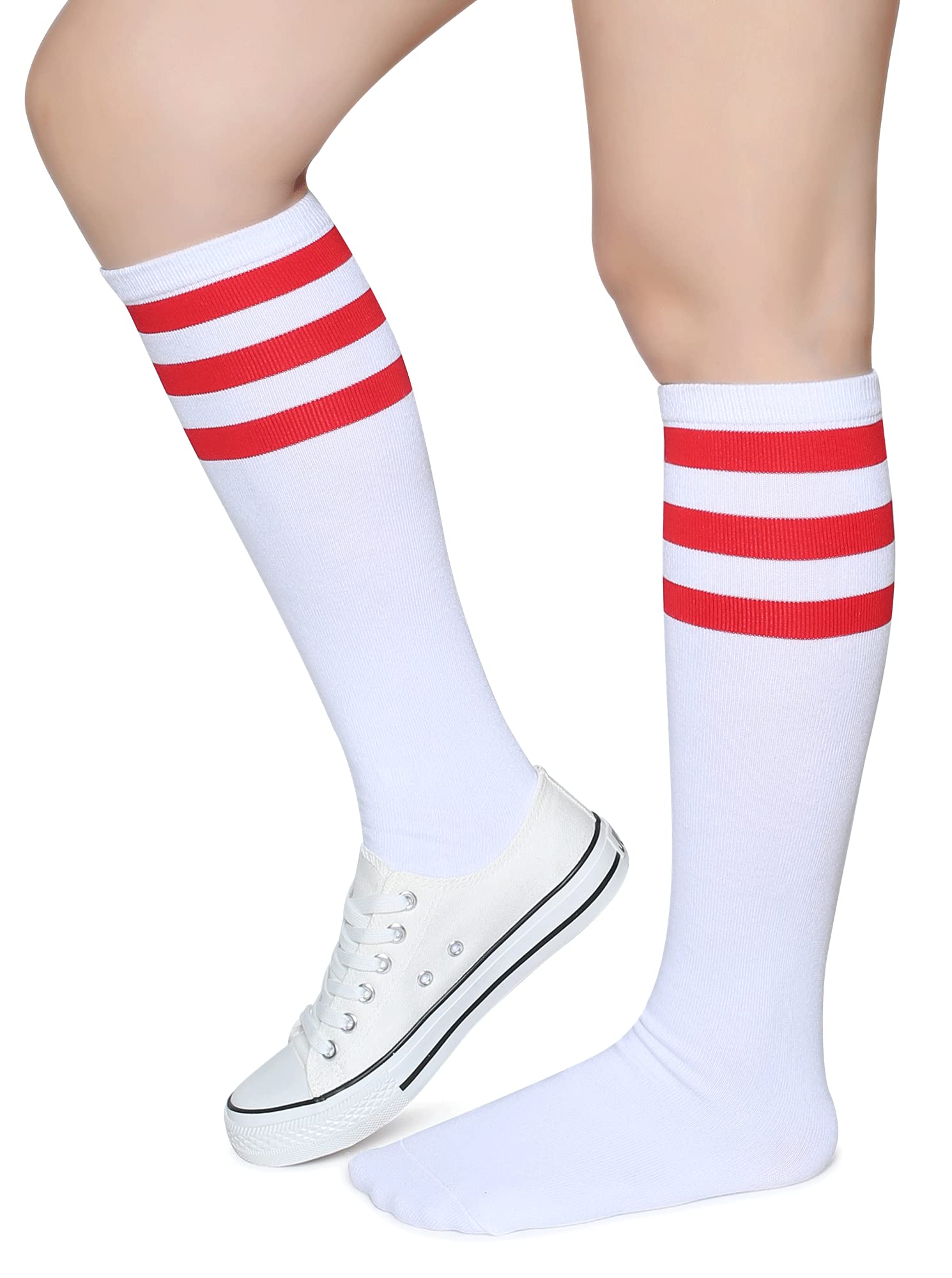 Pareberry Casual Cotton Solid & Triple Stripe Colors Knee High Tube Socks-3 Pairs (A08-Red/White)