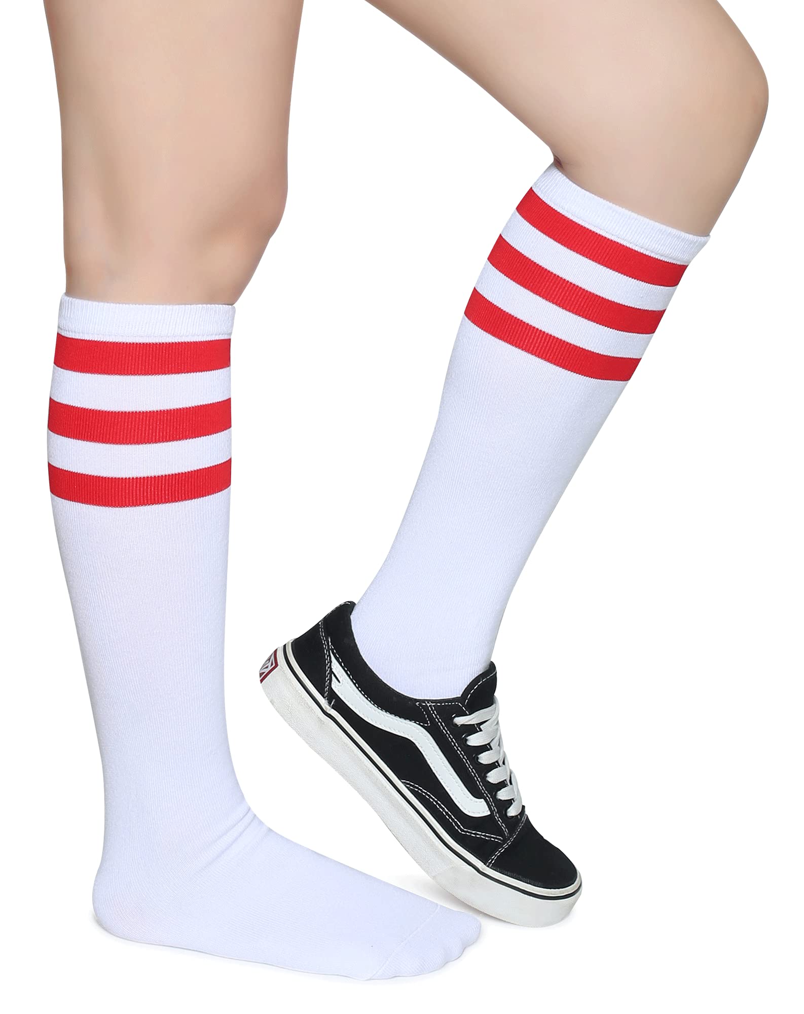 Pareberry Casual Cotton Solid & Triple Stripe Colors Knee High Tube Socks-3 Pairs (A08-Red/White)