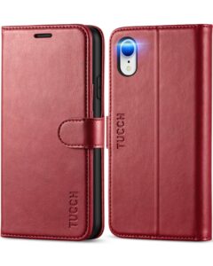 tucch case wallet for iphone xr, kickstand rfid blocking credit card slot pu leather folio phone cover with wireless charging [shockproof tpu shell] compatible with iphone xr 6.1, dark red