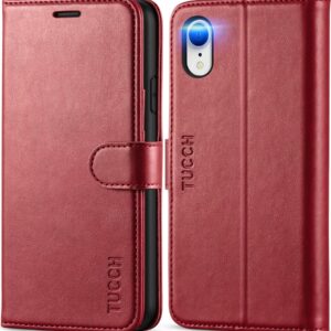 TUCCH Case Wallet for iPhone XR, Kickstand RFID Blocking Credit Card Slot PU Leather Folio Phone Cover with Wireless Charging [Shockproof TPU Shell] Compatible with iPhone XR 6.1, Dark Red