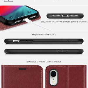 TUCCH Case Wallet for iPhone XR, Kickstand RFID Blocking Credit Card Slot PU Leather Folio Phone Cover with Wireless Charging [Shockproof TPU Shell] Compatible with iPhone XR 6.1, Dark Red