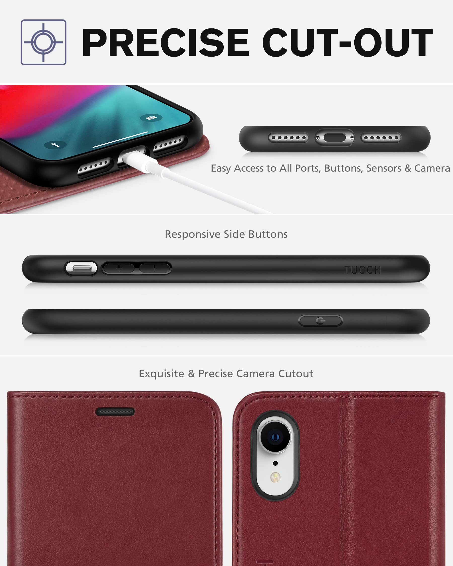 TUCCH Case Wallet for iPhone XR, Kickstand RFID Blocking Credit Card Slot PU Leather Folio Phone Cover with Wireless Charging [Shockproof TPU Shell] Compatible with iPhone XR 6.1, Dark Red