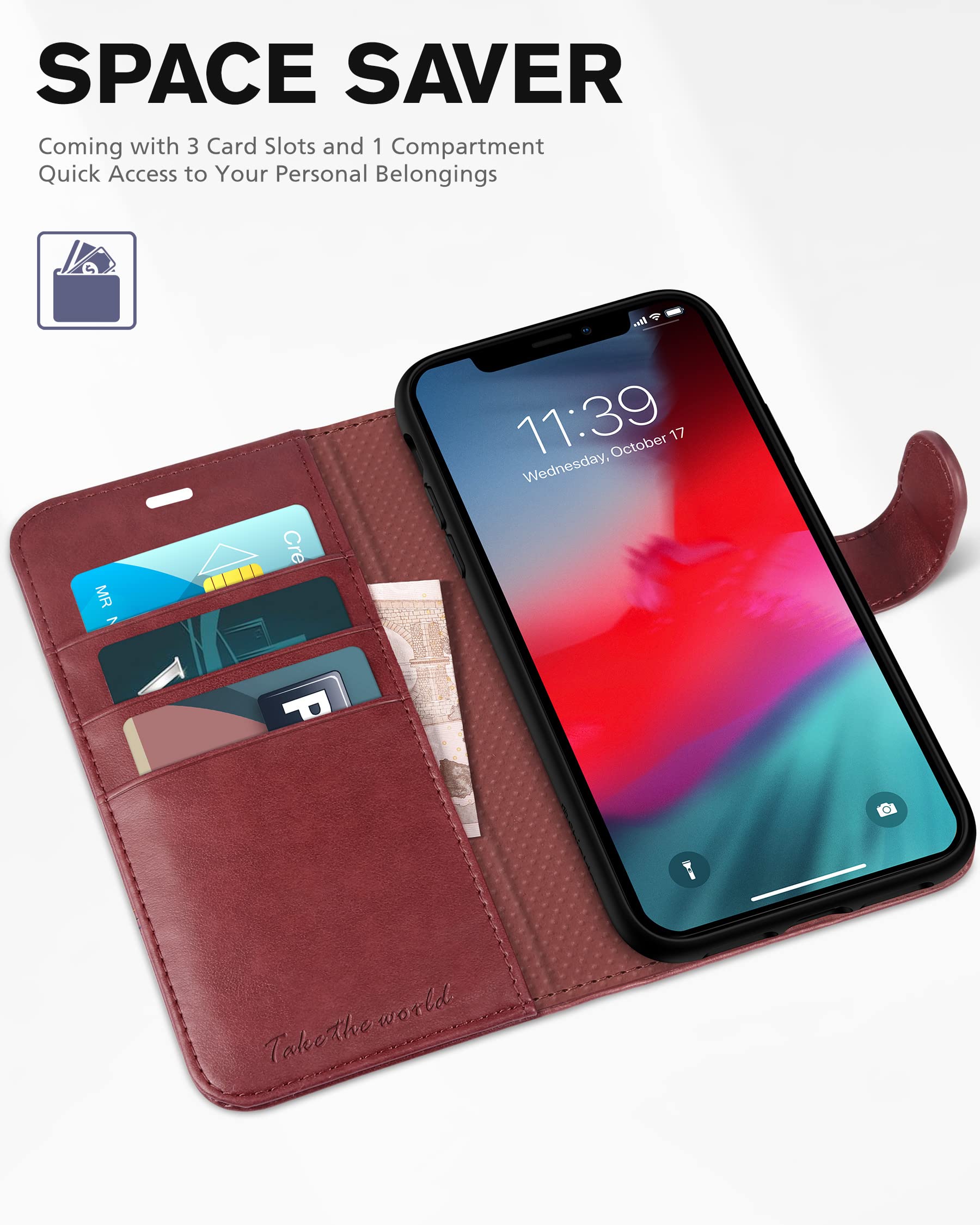 TUCCH Case Wallet for iPhone XR, Kickstand RFID Blocking Credit Card Slot PU Leather Folio Phone Cover with Wireless Charging [Shockproof TPU Shell] Compatible with iPhone XR 6.1, Dark Red