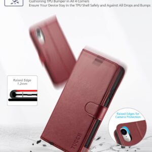 TUCCH Case Wallet for iPhone XR, Kickstand RFID Blocking Credit Card Slot PU Leather Folio Phone Cover with Wireless Charging [Shockproof TPU Shell] Compatible with iPhone XR 6.1, Dark Red