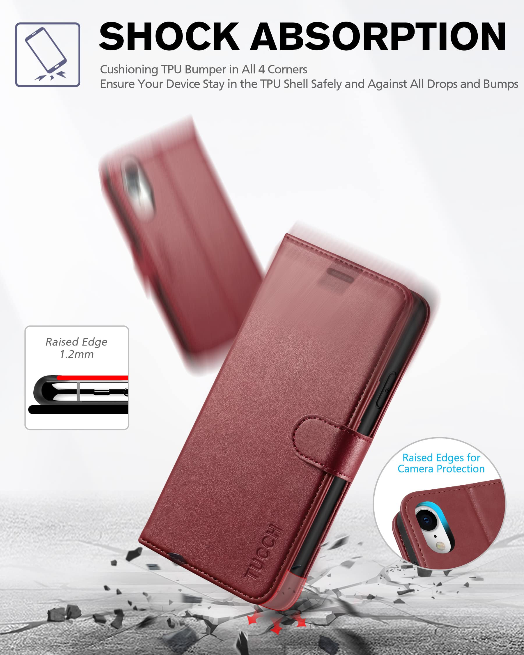 TUCCH Case Wallet for iPhone XR, Kickstand RFID Blocking Credit Card Slot PU Leather Folio Phone Cover with Wireless Charging [Shockproof TPU Shell] Compatible with iPhone XR 6.1, Dark Red