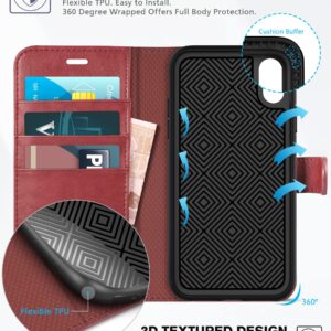 TUCCH Case Wallet for iPhone XR, Kickstand RFID Blocking Credit Card Slot PU Leather Folio Phone Cover with Wireless Charging [Shockproof TPU Shell] Compatible with iPhone XR 6.1, Dark Red