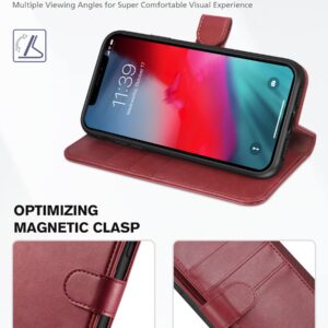 TUCCH Case Wallet for iPhone XR, Kickstand RFID Blocking Credit Card Slot PU Leather Folio Phone Cover with Wireless Charging [Shockproof TPU Shell] Compatible with iPhone XR 6.1, Dark Red