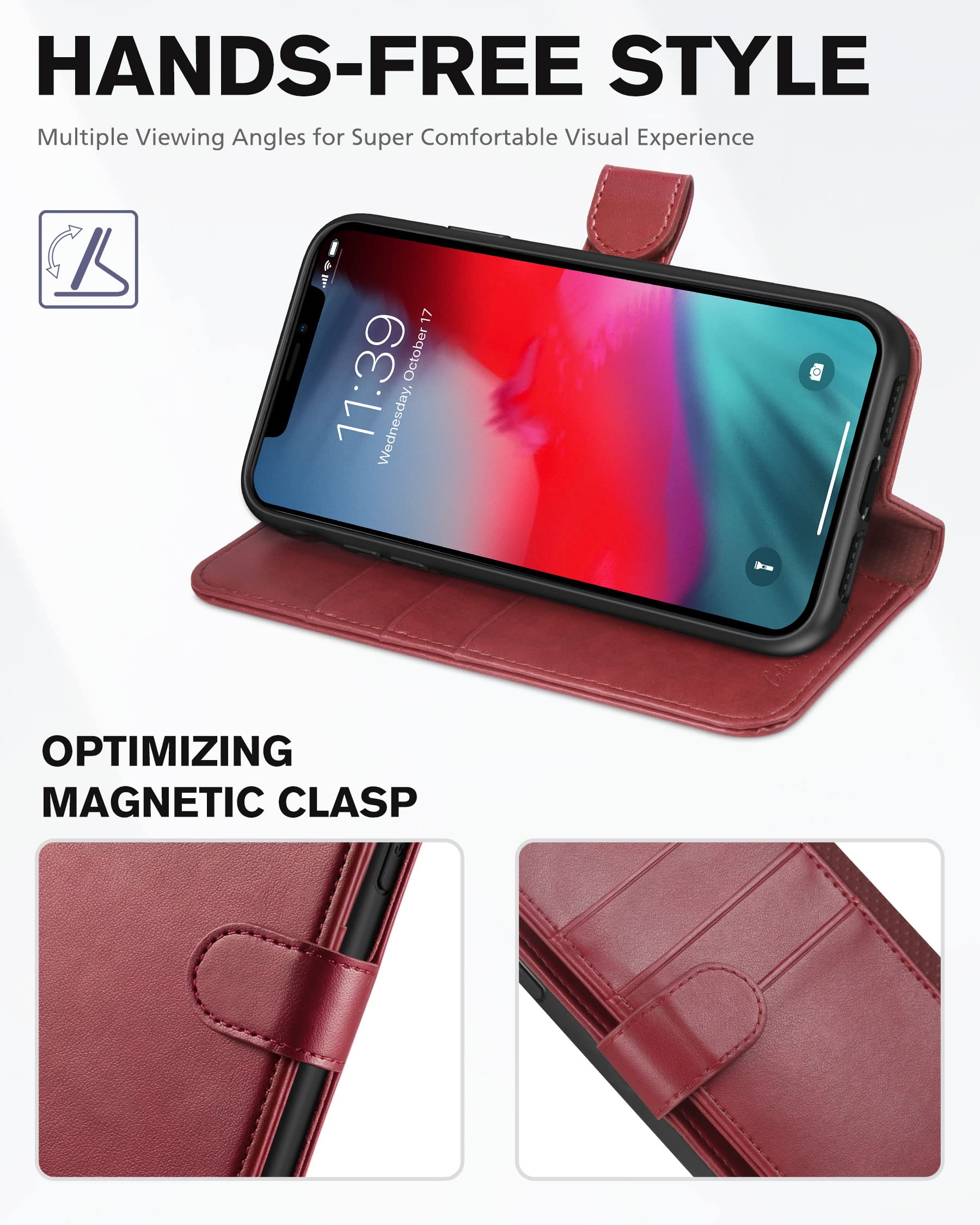 TUCCH Case Wallet for iPhone XR, Kickstand RFID Blocking Credit Card Slot PU Leather Folio Phone Cover with Wireless Charging [Shockproof TPU Shell] Compatible with iPhone XR 6.1, Dark Red