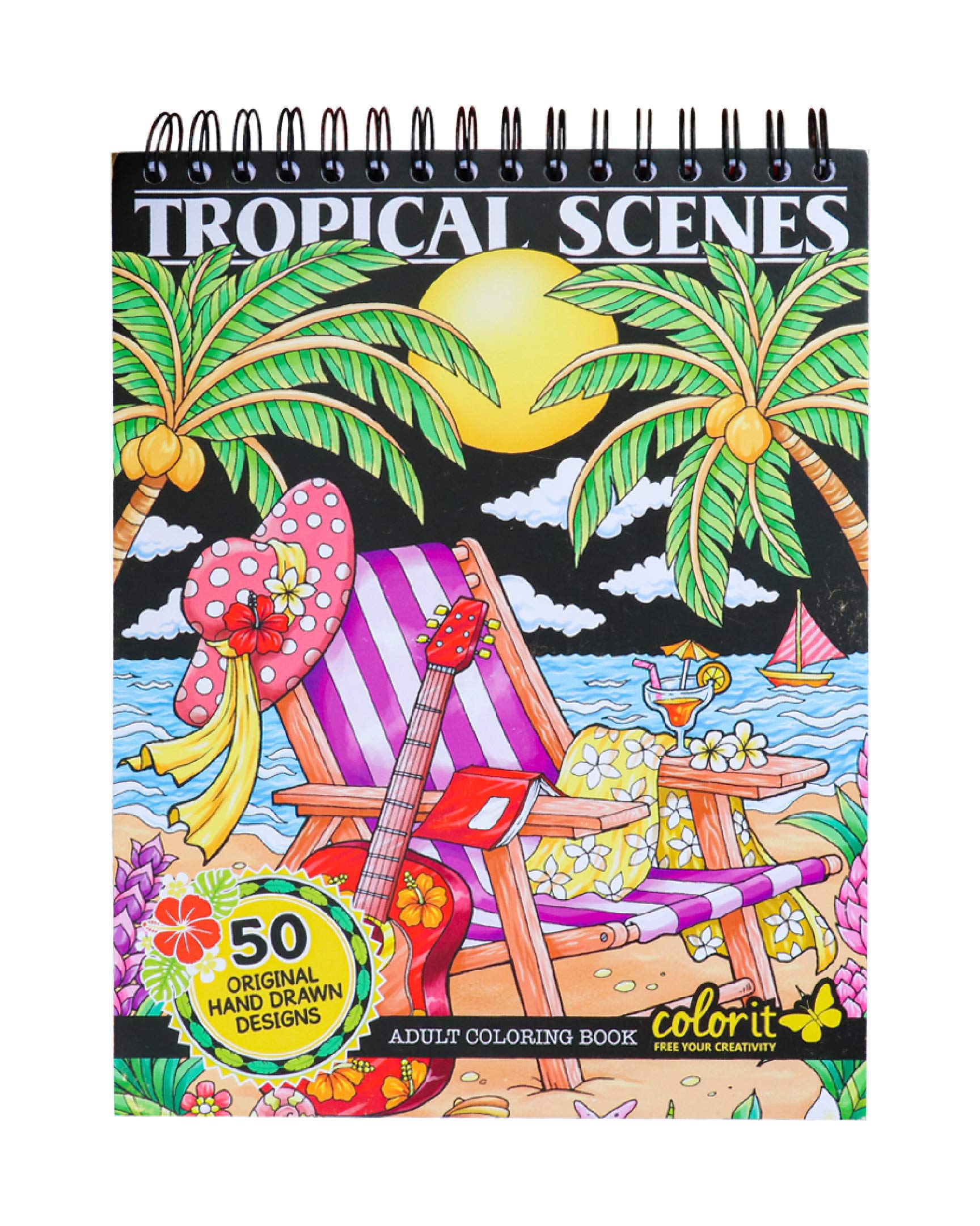 ColorIt Colorful Tropical Scenes Adult Coloring Book - 50 Single-Sided Designs, Thick Smooth Paper, Lay Flat Hardback Covers, Spiral Bound, USA Printed, Tropical Pages to Color