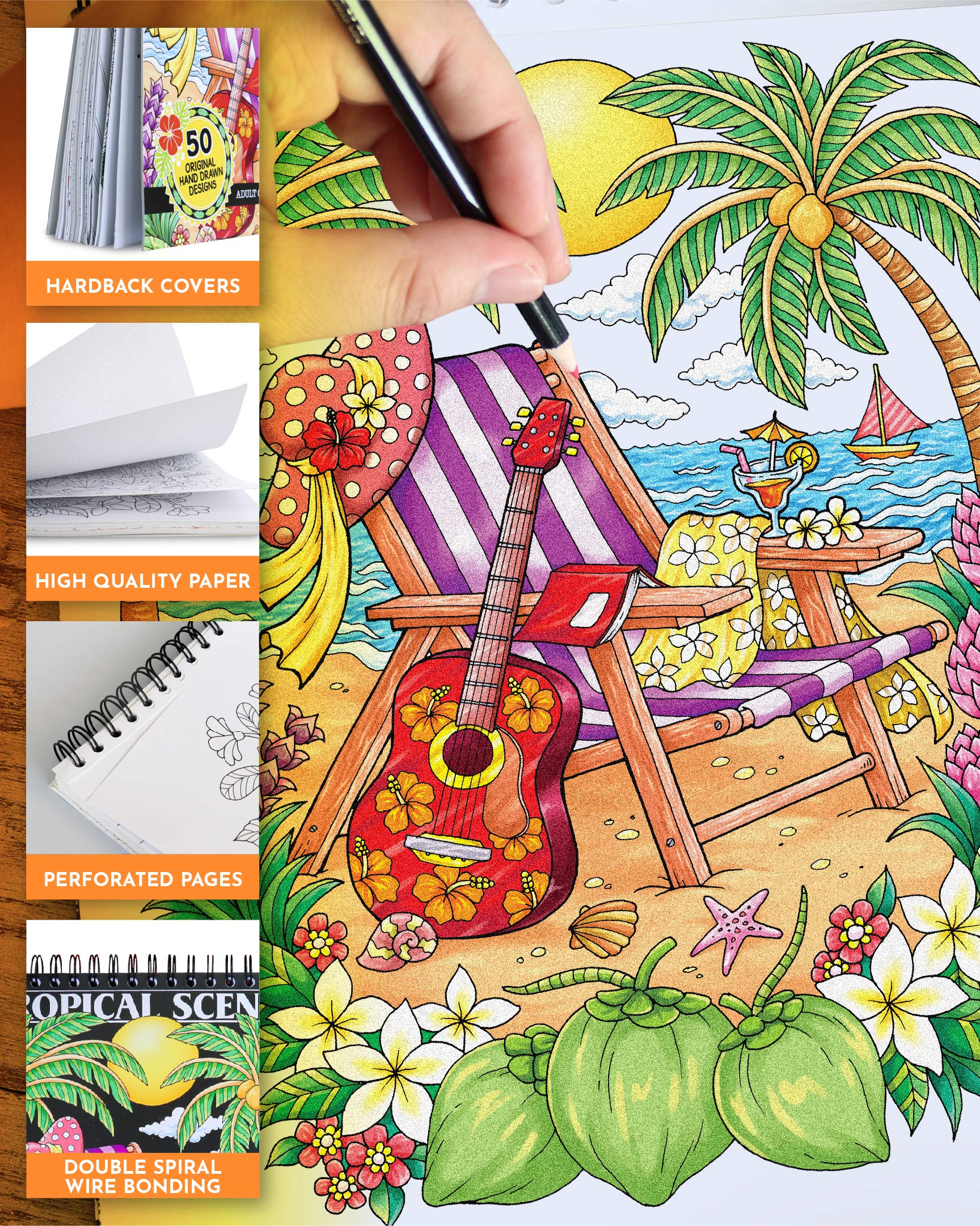 ColorIt Colorful Tropical Scenes Adult Coloring Book - 50 Single-Sided Designs, Thick Smooth Paper, Lay Flat Hardback Covers, Spiral Bound, USA Printed, Tropical Pages to Color