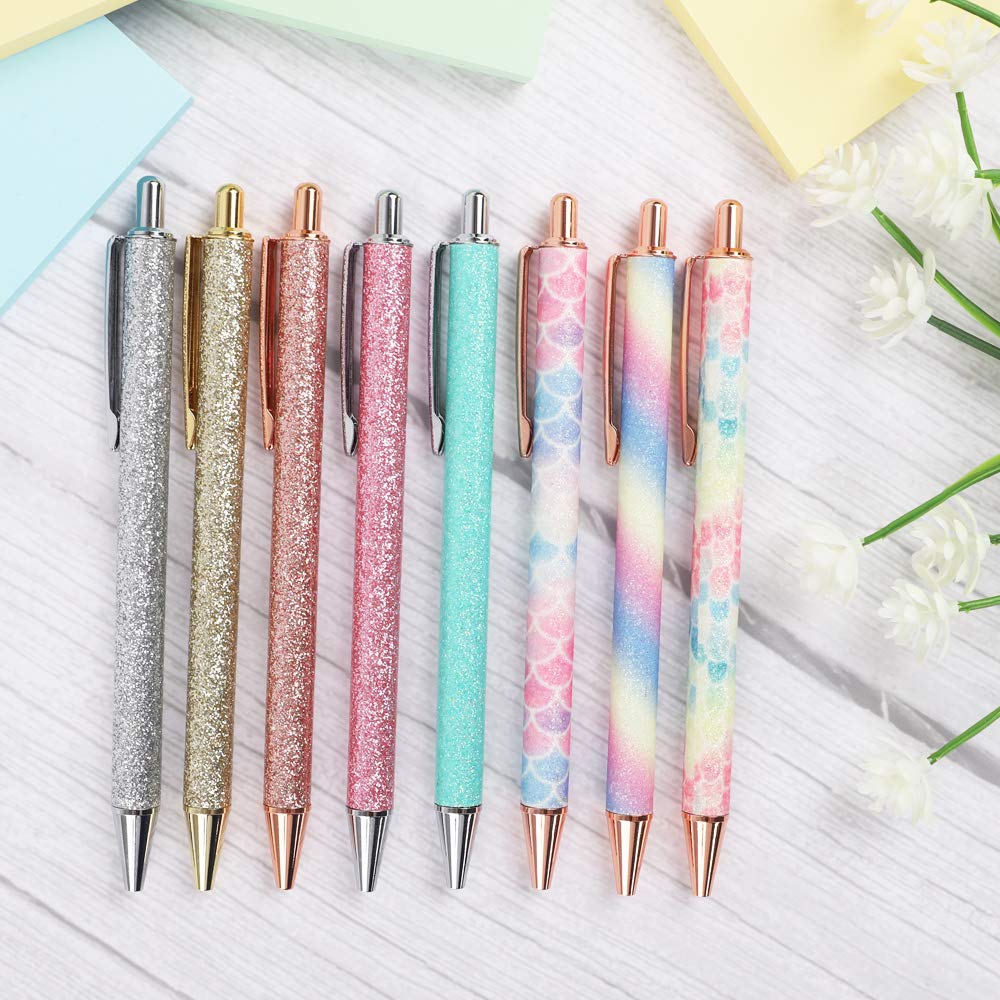 JPSOR 8pcs Glitter Pens, Glitter Ballpoint Pens with Replacement Refills, Black Ink Medium 1mm Fancy Pen for Girls School and Office