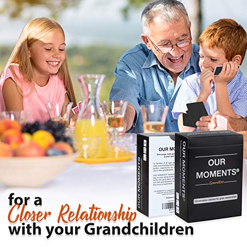 OUR MOMENTS Generations Game: 100 Conversation Starters for Grandparents & Grandchildren, Portable Cardstock Tabletop Game for Family Dinner, Car, Camping, Road Trip