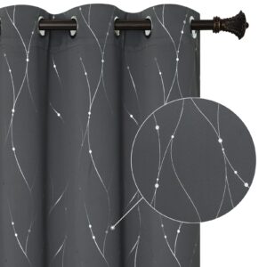 buhua dark grey blackout curtains, insulated curtains 63 inch length, dining room curtains with wave printed, energy efficient curtains for bedroom 52w×63l, 2 panels