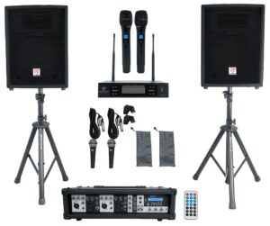 rockville rpg2x10 powered bluetooth mixer+(2) 10" speakers+stands+wireless mics