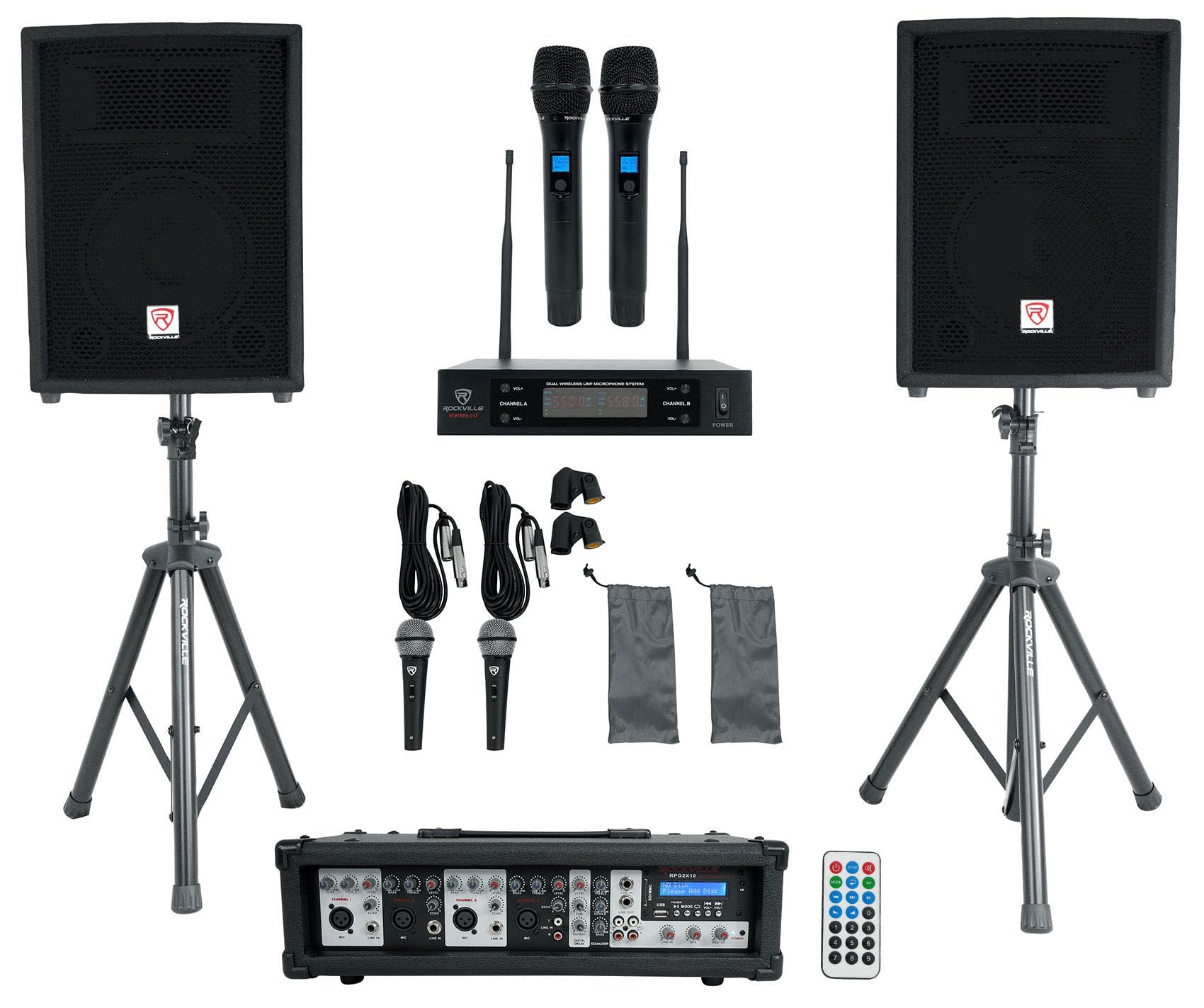 Rockville RPG2X10 Powered Bluetooth Mixer+(2) 10" Speakers+Stands+Wireless Mics