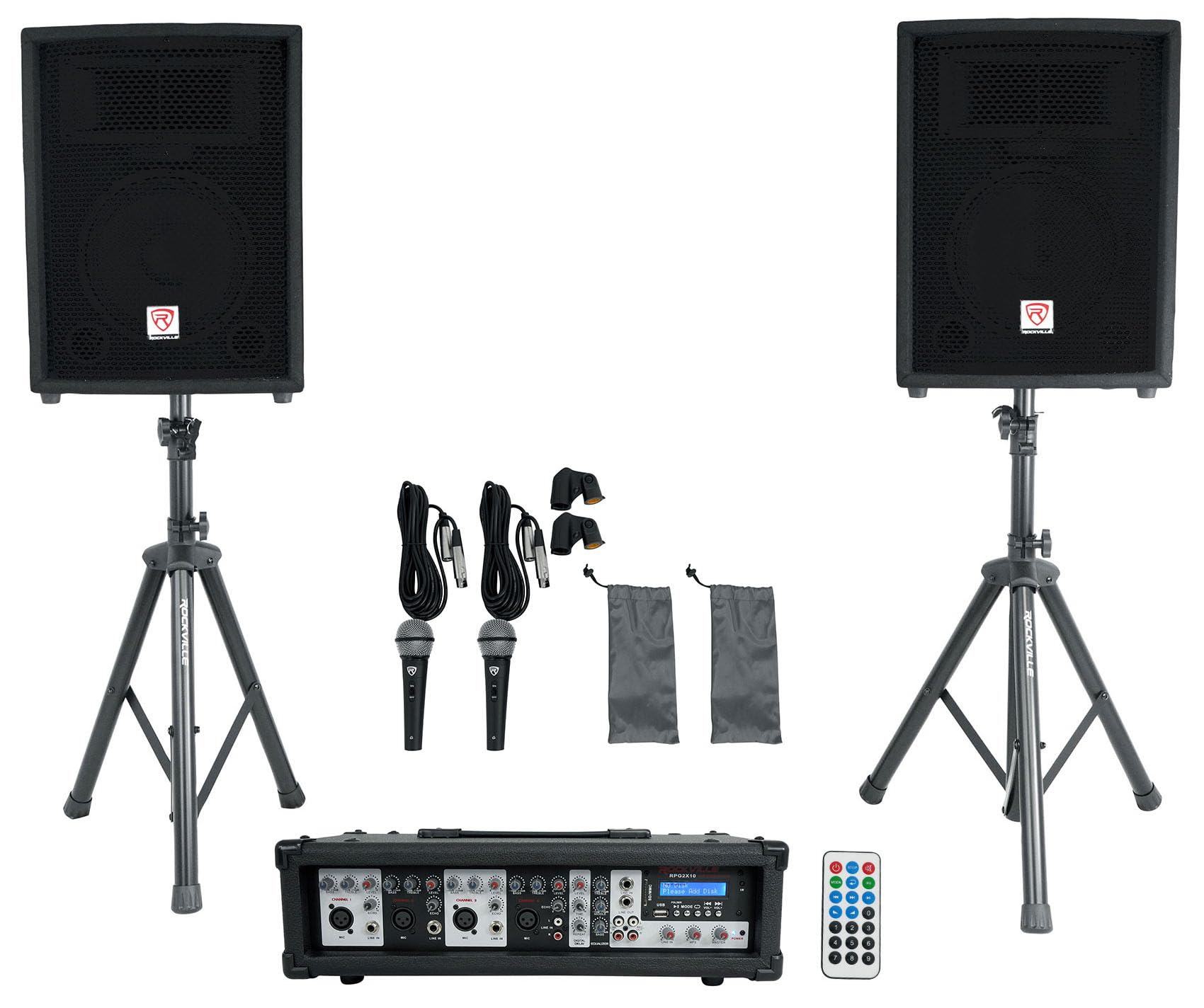 Rockville RPG2X10 Powered Bluetooth Mixer+(2) 10" Speakers+Stands+Wireless Mics