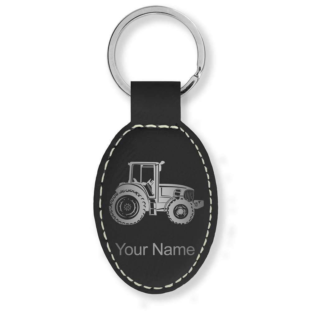 LaserGram Oval Keychain, Farm Tractor, Personalized Engraving Included (Black with Silver)