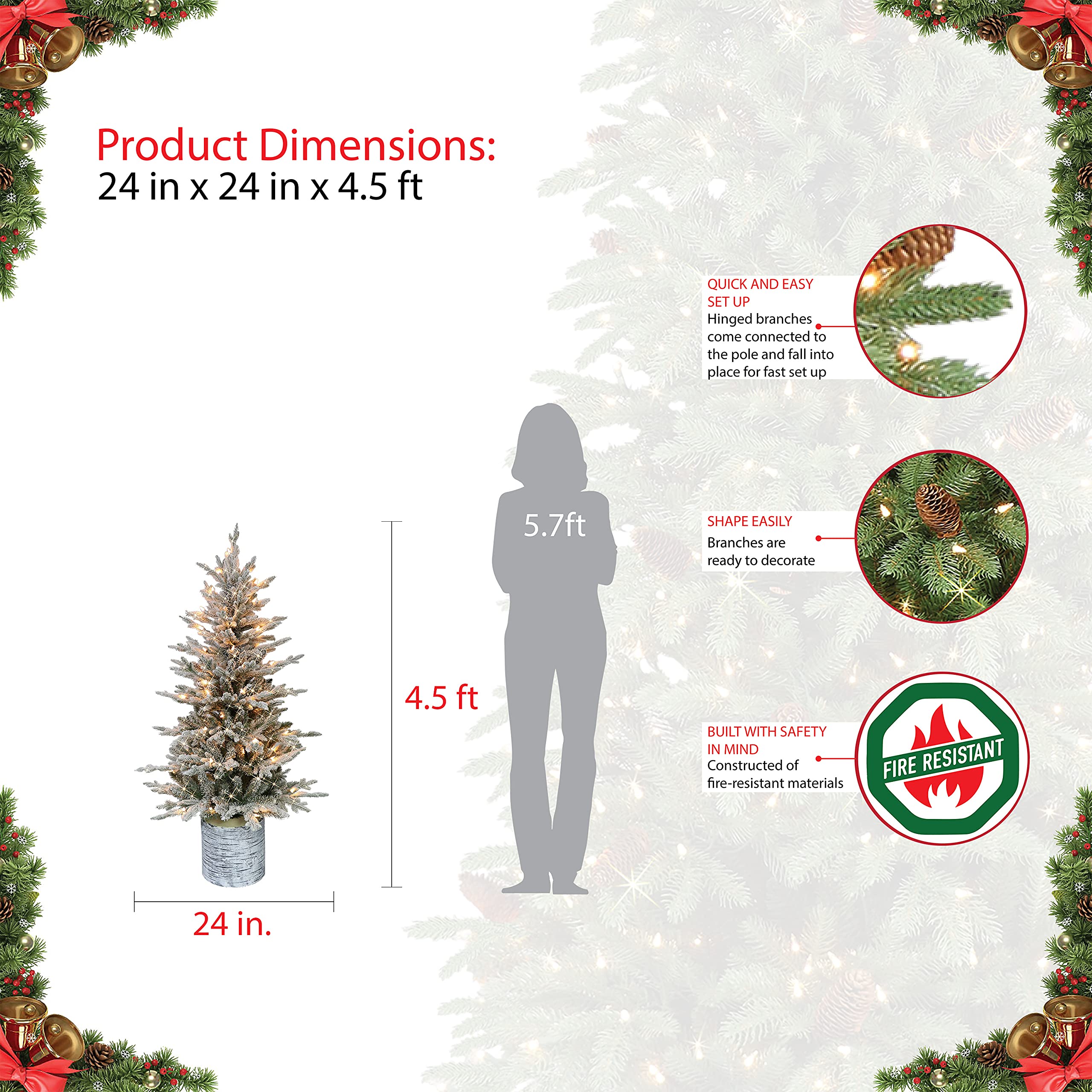 Puleo International 4.5 Foot Pre-Lit Potted Flocked Arctic Fir Artificial Christmas Tree with 70 UL-Listed Clear Lights