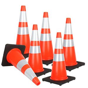 reliancer 6pcs 28" traffic cones pvc safety road parking cones with black weighted base w/6"&4" reflective collars fluorescent orange hazard cones construction cones for traffic or home improvement