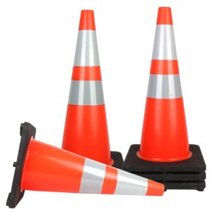 Reliancer 6PCS 28" Traffic Cones PVC Safety Road Parking Cones with Black Weighted Base w/6"&4" Reflective Collars Fluorescent Orange Hazard Cones Construction Cones for Traffic or Home Improvement