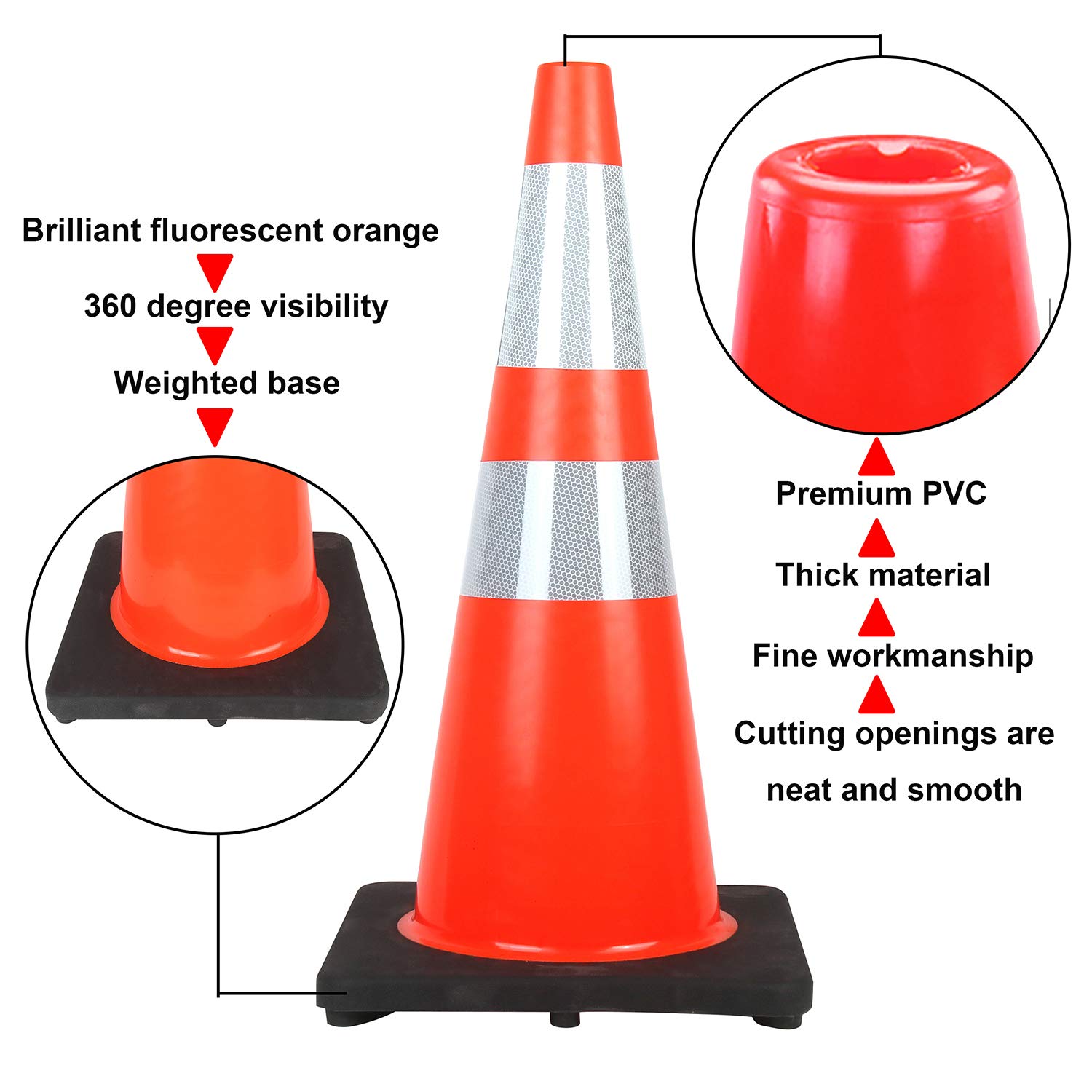 Reliancer 6PCS 28" Traffic Cones PVC Safety Road Parking Cones with Black Weighted Base w/6"&4" Reflective Collars Fluorescent Orange Hazard Cones Construction Cones for Traffic or Home Improvement