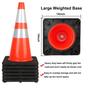 Reliancer 6PCS 28" Traffic Cones PVC Safety Road Parking Cones with Black Weighted Base w/6"&4" Reflective Collars Fluorescent Orange Hazard Cones Construction Cones for Traffic or Home Improvement