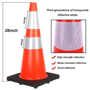 Reliancer 6PCS 28" Traffic Cones PVC Safety Road Parking Cones with Black Weighted Base w/6"&4" Reflective Collars Fluorescent Orange Hazard Cones Construction Cones for Traffic or Home Improvement