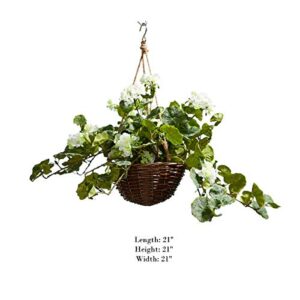 Pure Garden Faux Flowers White Geranium Hanging Natural and Lifelike Floral Arrangement with Basket for Home or Office