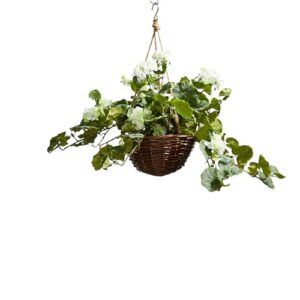 Pure Garden Faux Flowers White Geranium Hanging Natural and Lifelike Floral Arrangement with Basket for Home or Office