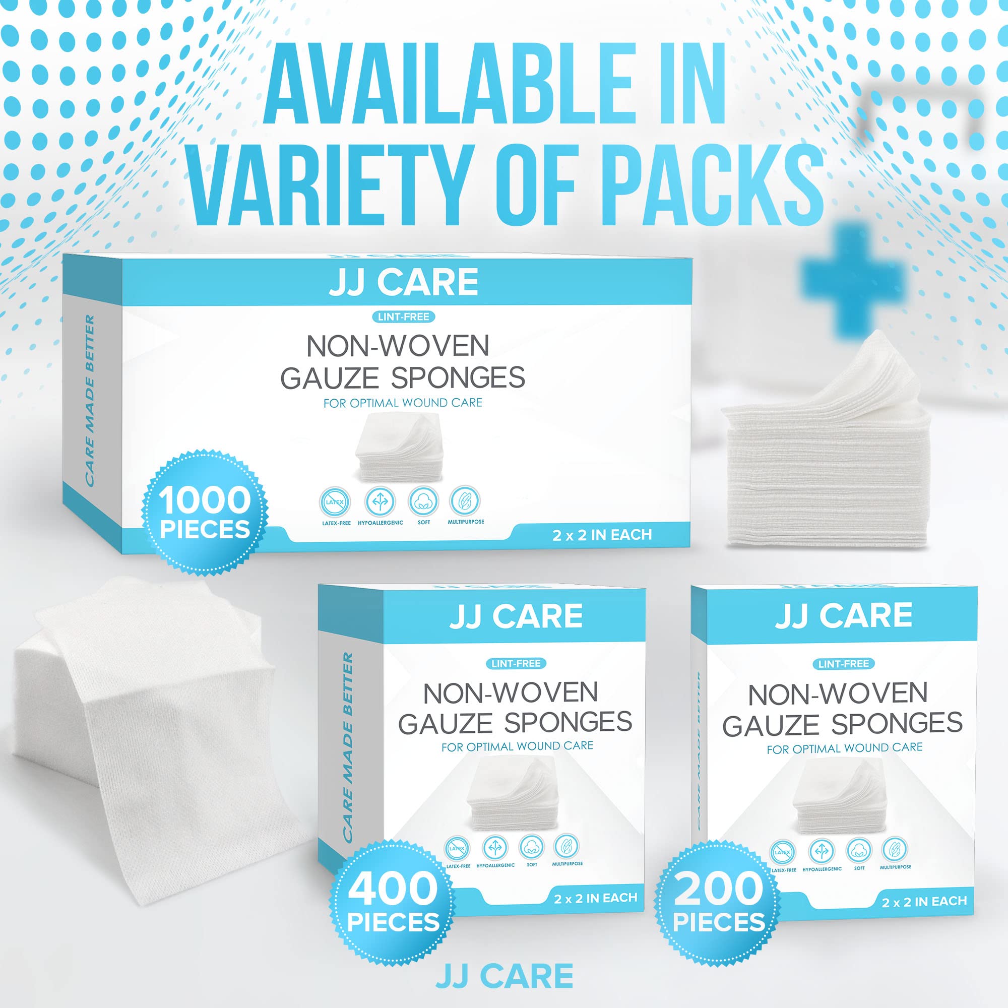 JJ CARE Non Woven Gauze [1000 Count], 2x2 Non Woven Gauze Pads for First Aid, 4-Ply Dental Gauze, Lint-Free Esthetic Wipes, Gauze Sponges for Wound Care