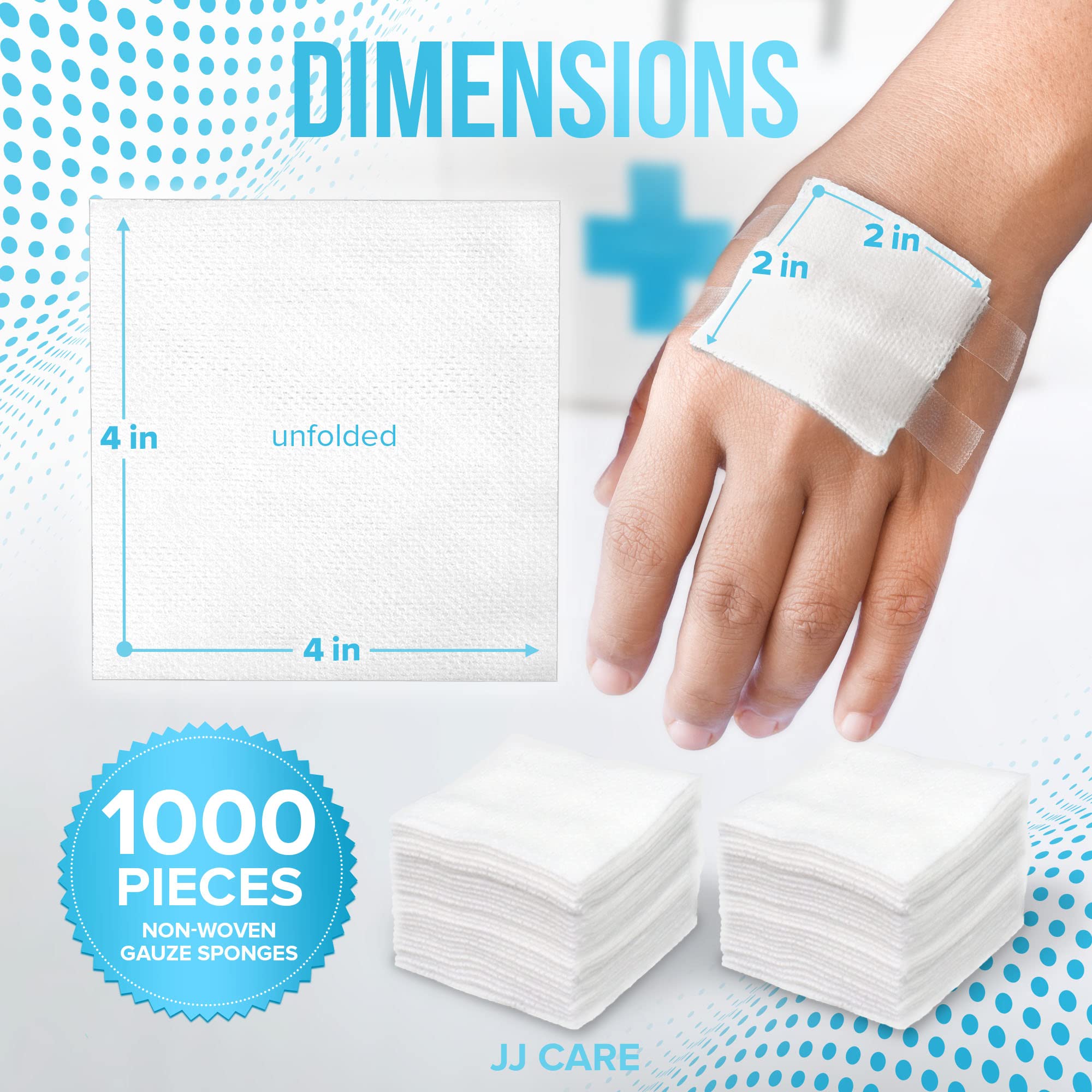 JJ CARE Non Woven Gauze [1000 Count], 2x2 Non Woven Gauze Pads for First Aid, 4-Ply Dental Gauze, Lint-Free Esthetic Wipes, Gauze Sponges for Wound Care