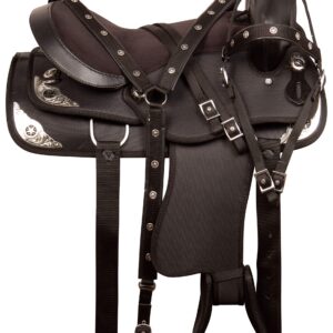 Acerugs 12” 13” 14” 15” 16” 17” 18” WESTERN PLEASURE TRAIL Silver TEXAS STAR LIGHT WEIGHT SYNTHETIC HORSE SADDLE TACK SET PAD (Black, 18" FQHB)