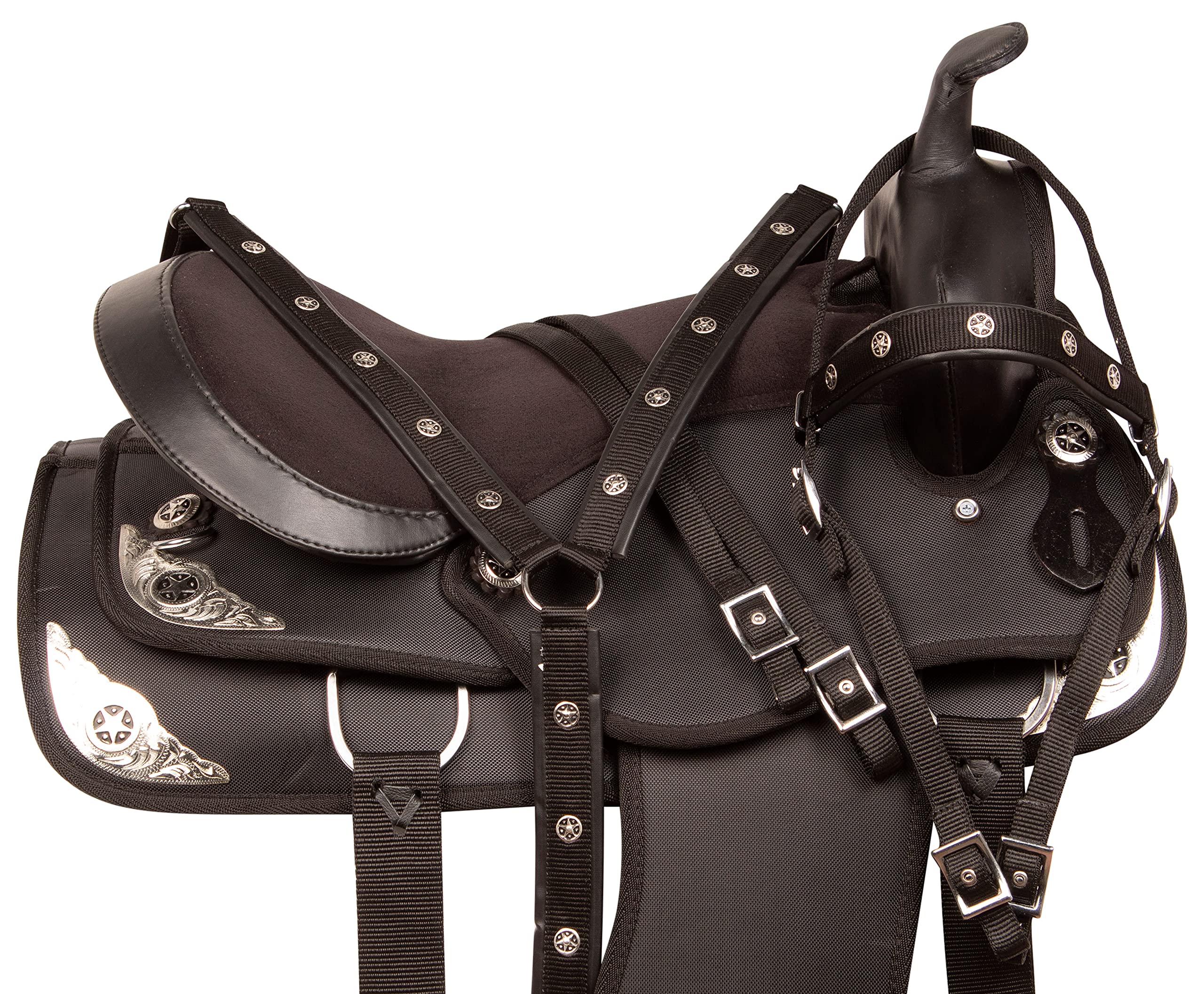 Acerugs 12” 13” 14” 15” 16” 17” 18” WESTERN PLEASURE TRAIL Silver TEXAS STAR LIGHT WEIGHT SYNTHETIC HORSE SADDLE TACK SET PAD (Black, 18" FQHB)